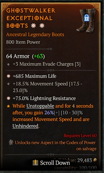 GHOSTWALKER EXCEPTIONAL BOOTS#354238 - Diablo 4 Season 9 - Softcore ...